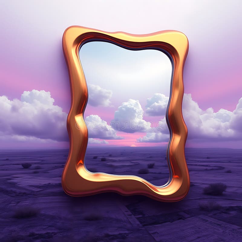 A Mirror with a Distorted Melted Frame Reflecting a Surreal Landscape ...
