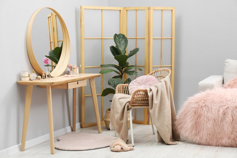 Mirror, Dressing Table, Houseplant, Folding Screen and Chair Indoors ...