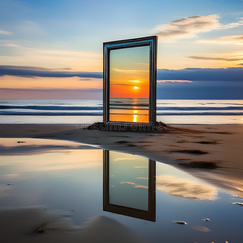 Mirror Frame with Sunset Over the Sea Stock Photo - Image of beach ...