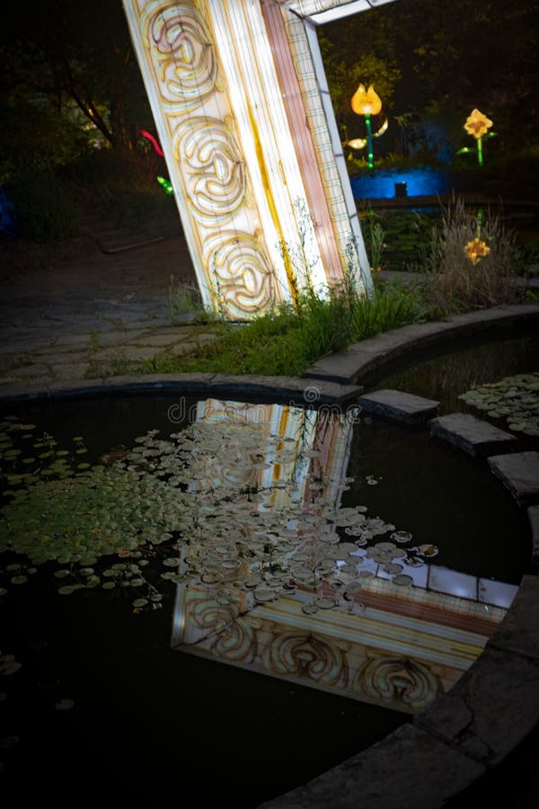Mirror on the Ground Reflecting on a Tiny Water Stream on a Night Scene ...