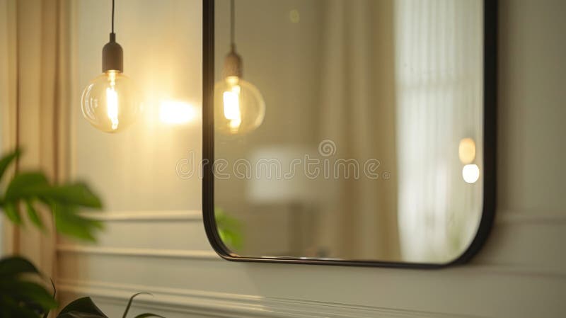 Mirror and Hanging Light Bulbs in a Minimalist Modern Interior Stock ...