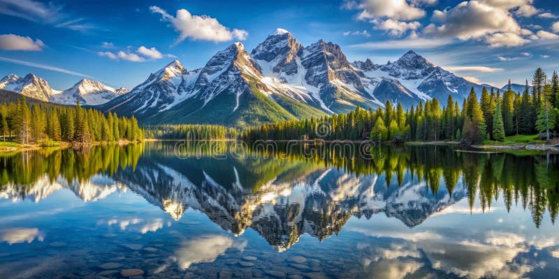 Mirror Image of Mountain Peaks Reflecting in a Pristine Lake, Canada ...