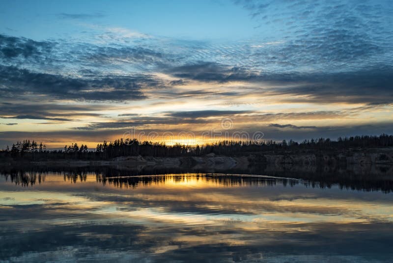 Mirror Image of the Sunset on the Lake in Spring Stock Photo - Image of ...