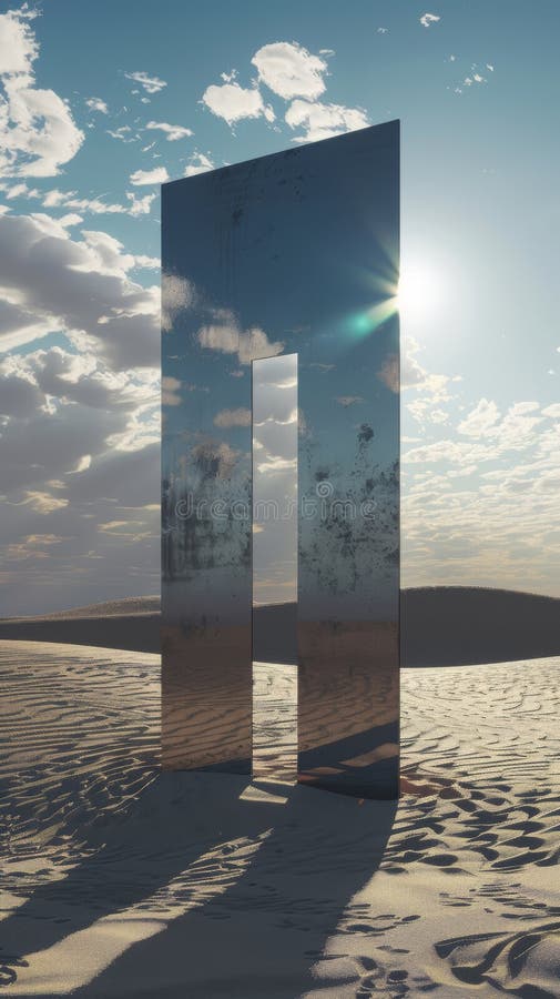 Mirror Installation in the Desert with Cloudy Sky Stock Photo - Image ...