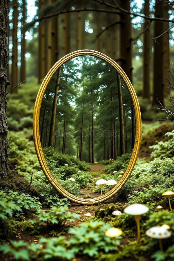 A Mirror in the Middle of a Forest with Mushrooms in it Stock Photo ...