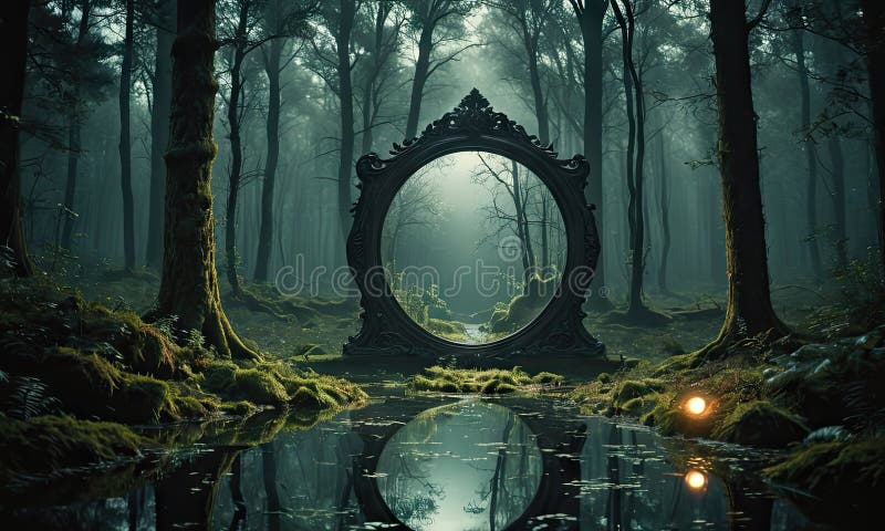 A Mirror is in the Middle of a Forest, Reflecting the Trees and the ...