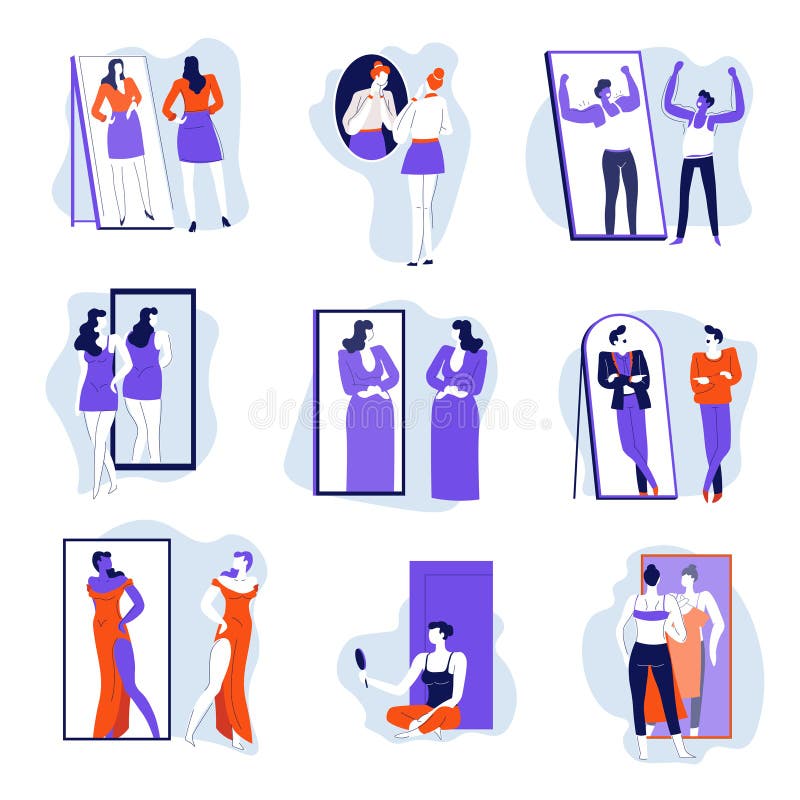 Mirror and People Looking at Reflection Isolated Icons, Self Rejection ... Mirror and People Looking at Reflection Isolated Icons, Self Rejection ...