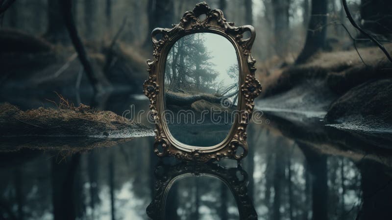 A Mirror Reflecting a Forest Scene in a Mirror Frame with a Reflection ...