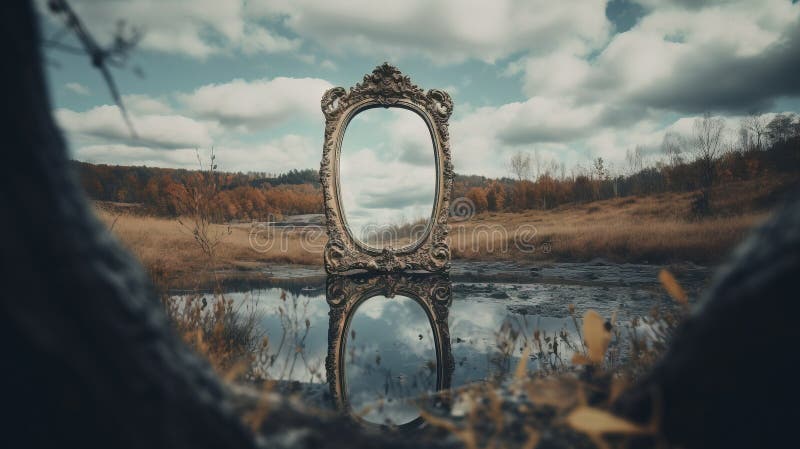 A Mirror Reflecting the Sky in a Puddle of Water in a Field with Trees ...