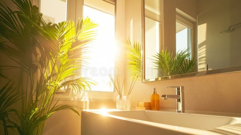 Mirror Reflecting the Sunlight in a Spacious Bathroom Stock Photo ...