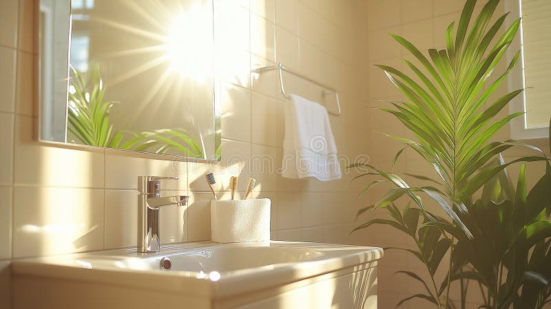 Mirror Reflecting the Sunlight in a Spacious Bathroom Stock Image ...