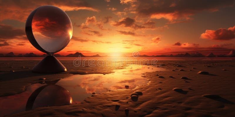 A Mirror Reflecting the Sunset on a Beach, AI Stock Illustration ...