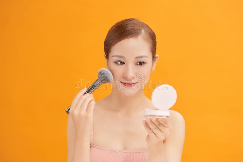 Mirror Reflection of Beautiful Young Woman Applying Makeup Stock Photo ...