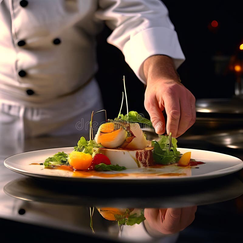 Mirror Reflection of a Chef Presenting a Gourmet Dish Showcasi Stock ...