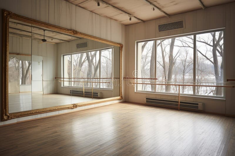 Mirror Reflection of Empty Ballet Studio Stock Photo - Image of barre ...