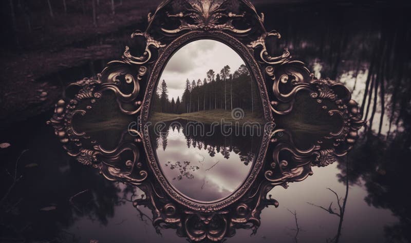 A Mirror with a Reflection of a Forest in the Mirror Stock Illustration ...