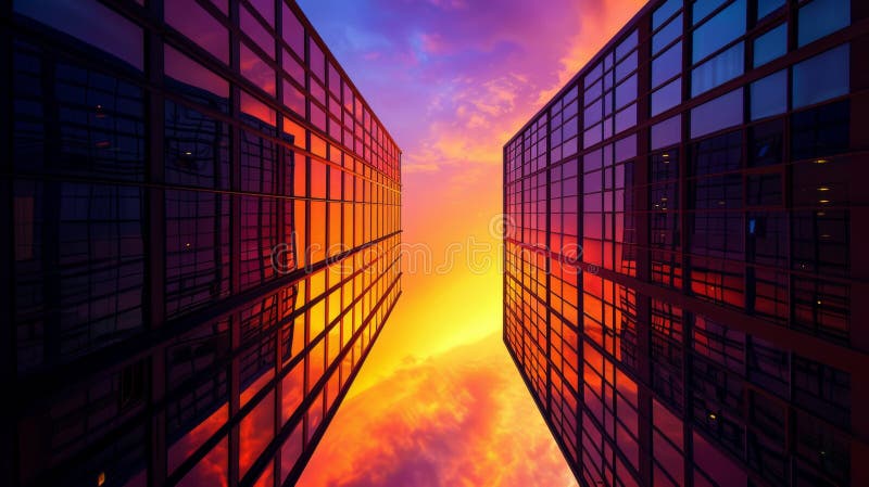 Mirror Reflection of High-rise Buildings at Sunset Stock Photo - Image ...