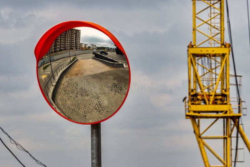 Mirror on the Road Leading To the Construction Site. Road Safety Stock ...