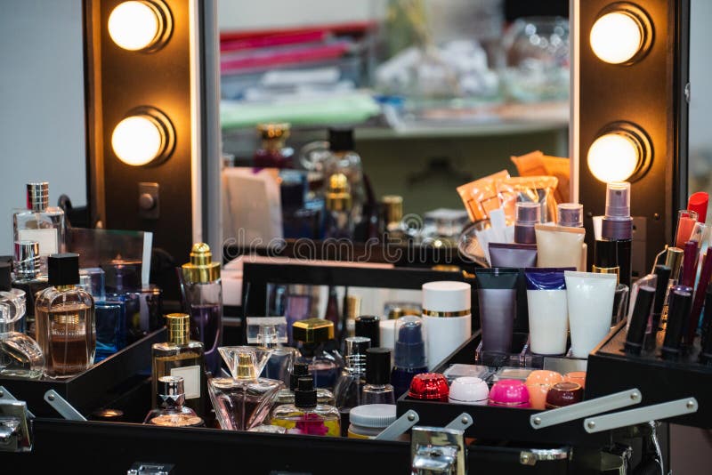 Mirror with Round Lamps. Cosmetics for Makeup Women Stock Image - Image ...