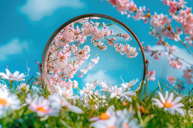 A Mirror Sits Atop a Vibrant Green Field, Providing a Unique Reflection ...