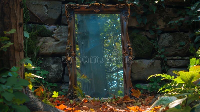A Mirror Sitting in the Middle of a Forest Surrounded by Leaves, AI ...