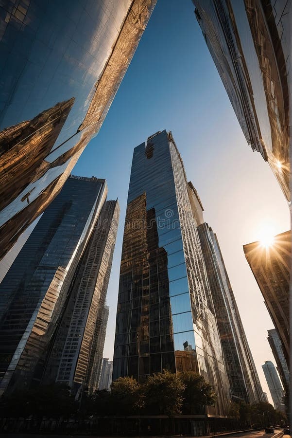 Mirror Skyscrapers in the Rays of the Rising Sun. Stock Image - Image ...