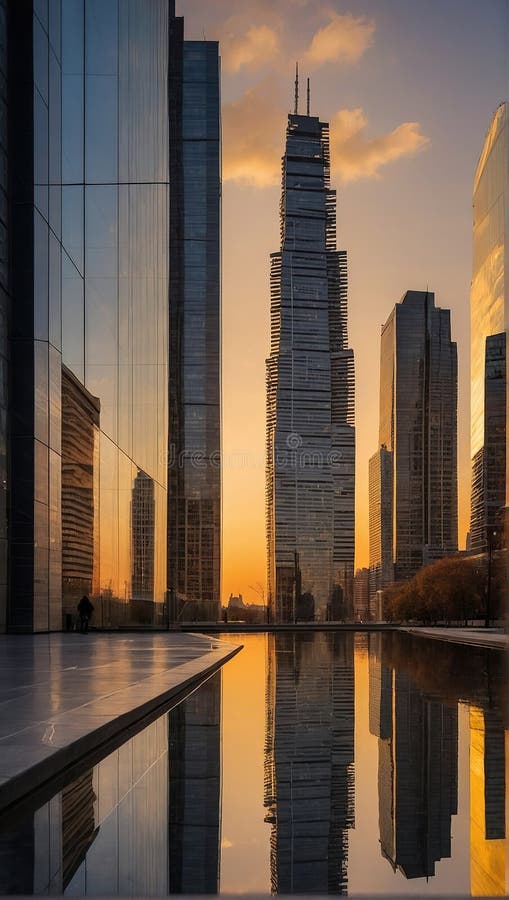 Mirror Skyscrapers in the Rays of the Rising Sun. Stock Image - Image ...