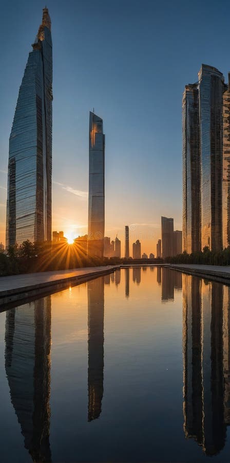 Mirror Skyscrapers in the Rays of the Rising Sun. Stock Image - Image ...