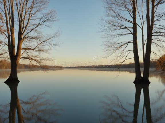 Mirror Smooth Lake Framed by Two Bare Trees in the Late Afternoon Light. Stock Image - Image of ...