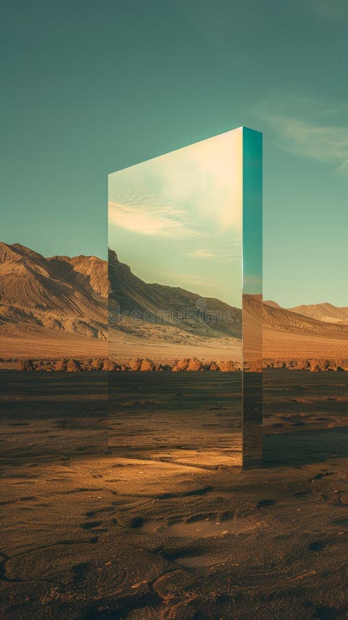 Mirror Structure in Desert Landscape with Mountains and Clear Sky ...