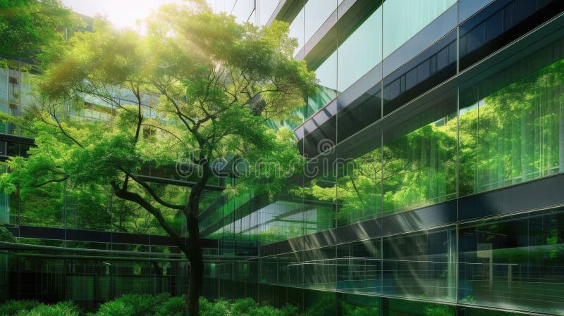 The Mirror Structure Reflect Light and Green Tree on Opposite Under Sun ...