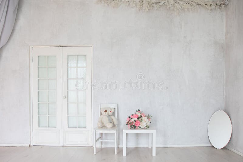 Mirror, Table and Chair in the Interior of an Empty White Room Stock ...