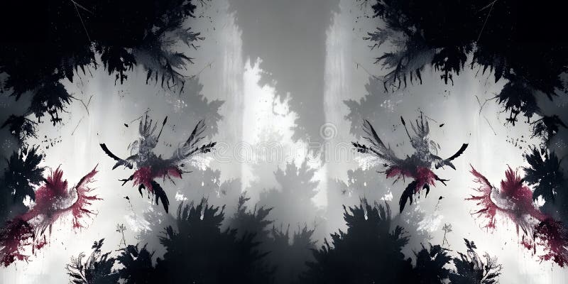A Mirrored Abstract Scene Featuring Dark Trees and Bird Like Figures in ...