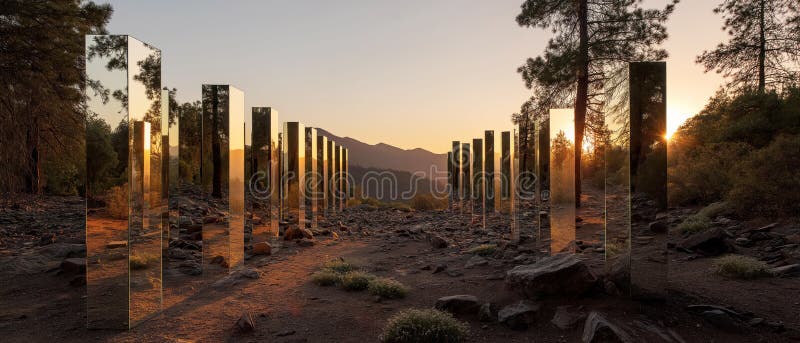 Mirrored Columns in Forest at Sunset Stock Illustration - Illustration ...