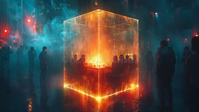 A Mirrored Cube Floating in a Dark Void Reflecting the Same Group of ...