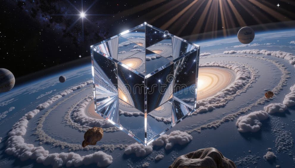 A Mirrored Cube Floating in Space Above the Surface of the Planet ...
