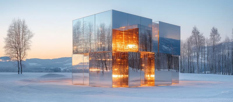 Mirrored Cube Structure Reflecting Golden Sunset Glow in Snowy ...