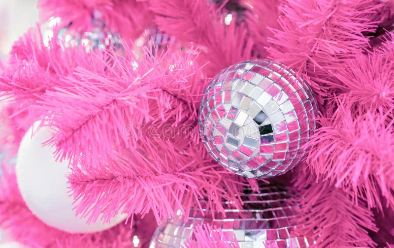 Mirrored Disco Balls on a Pink Christmas Tree Stock Photo - Image of ...