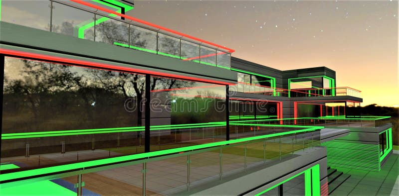 Mirrored Glass Exterior Of The Upscale Suburban Club Hotel Illuminated With Red And Green Led