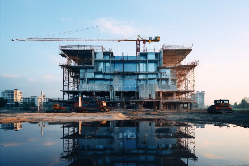 Mirrored High-rise Under Construction. Modern Building Process with ...