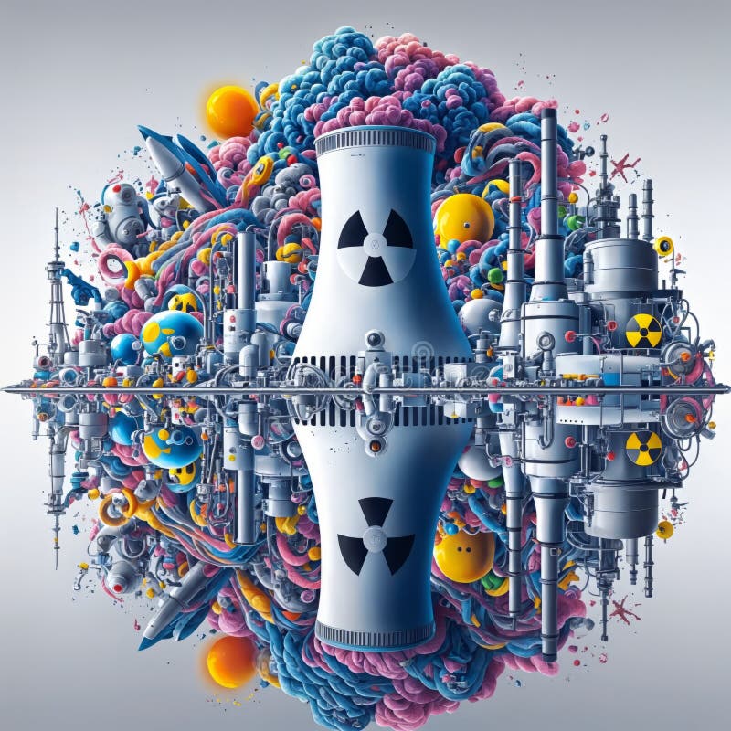Mirrored Nuclear Reactor Surrounded by Abstract Shapes and Colors ...