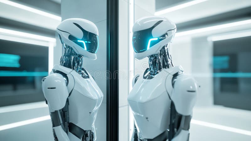 Mirrored Reflection of a Futuristic Robot with Blue Glowing Circuitry ...