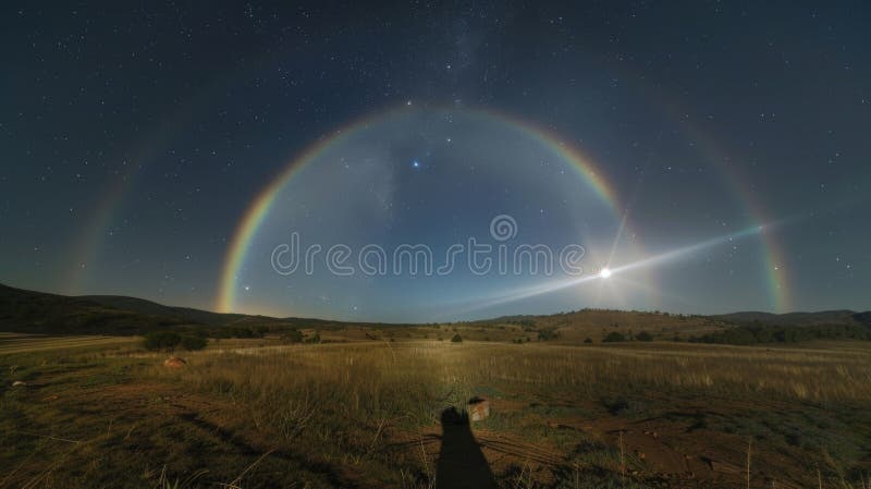 A Mirrored Reflection of a Rainbow in the Night Sky a Moonbow Appears a ...