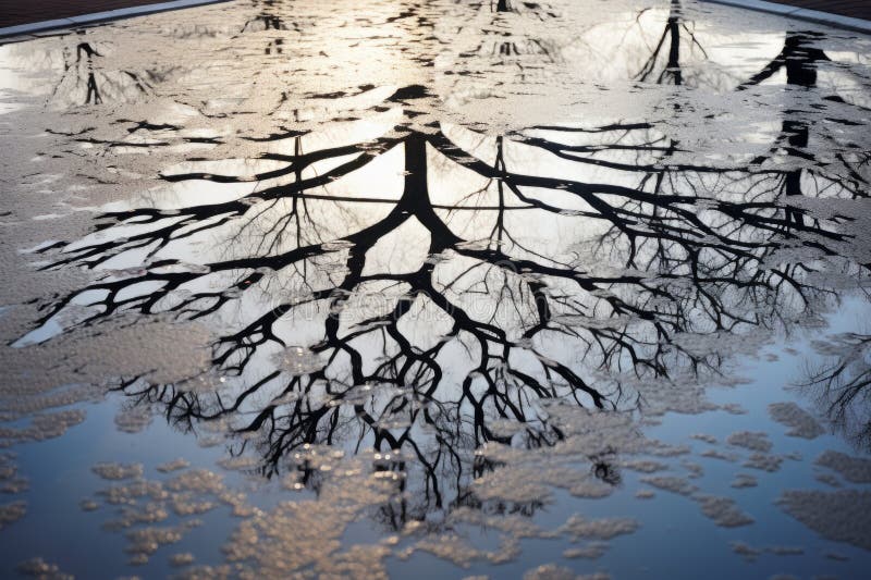 A Mirrored Reflection of a Tree in a Puddle Creates an Abstract Pattern ...