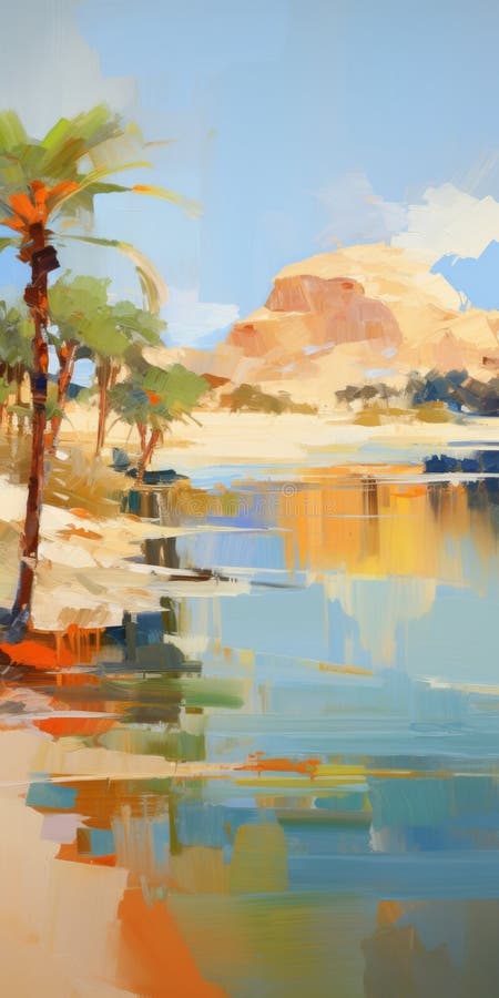 Mirrored Reflections: Vibrant Desert Oasis Painting Stock Illustration ...