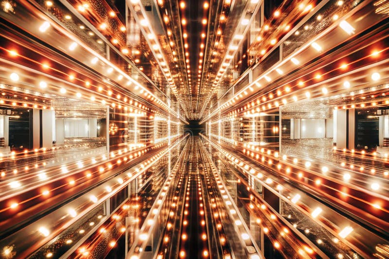 Mirrored Tunnel, Glowing Lights, Reflective Corridor, Night Scene Stock ...