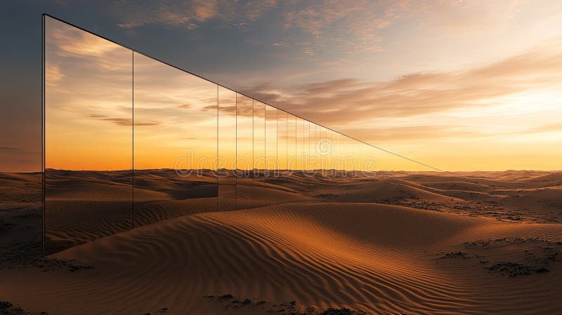 Mirrored Wall Structure Extending through Golden Desert Dunes at Sunset ...
