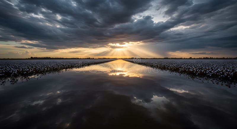 Mirroring Sunset Over Cotton Fields Evokes Tranquility and Serene ...