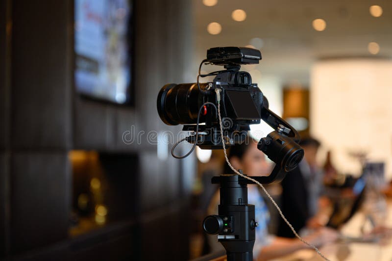 Mirrorless Camera with Mic Wireless on Gimbal Stabilizer Stock Image ...