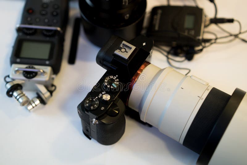 Mirrorless Camera and Sound Recorder Stock Photo - Image of indoors ...